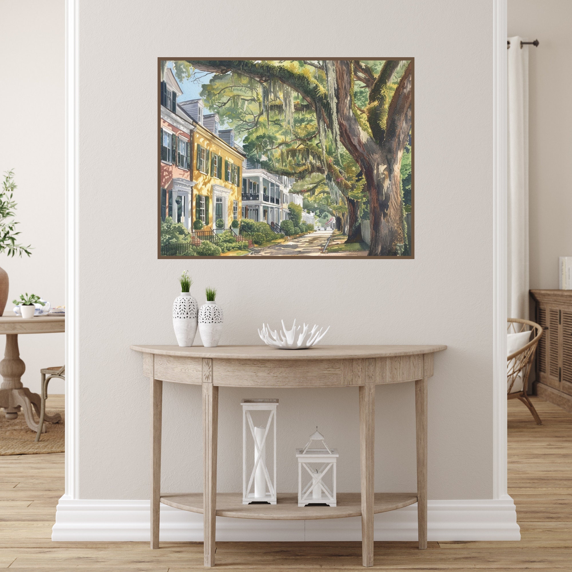 Colonial Charleston Homes Watercolor Art, Oak Trees With Spanish Moss ...