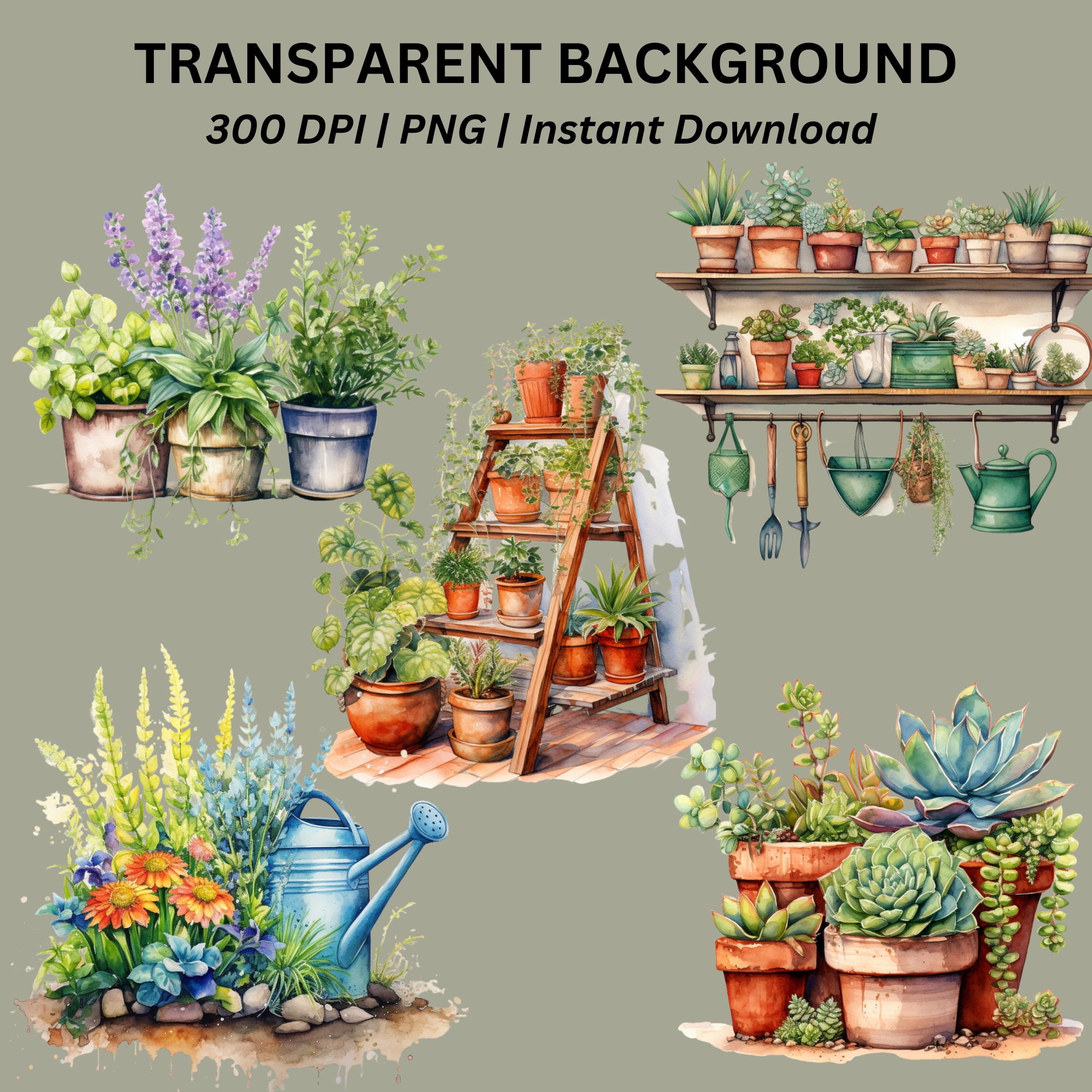 Watercolor Garden Clipart Bundle: Spring Potted Plants (PNG Digital ...
