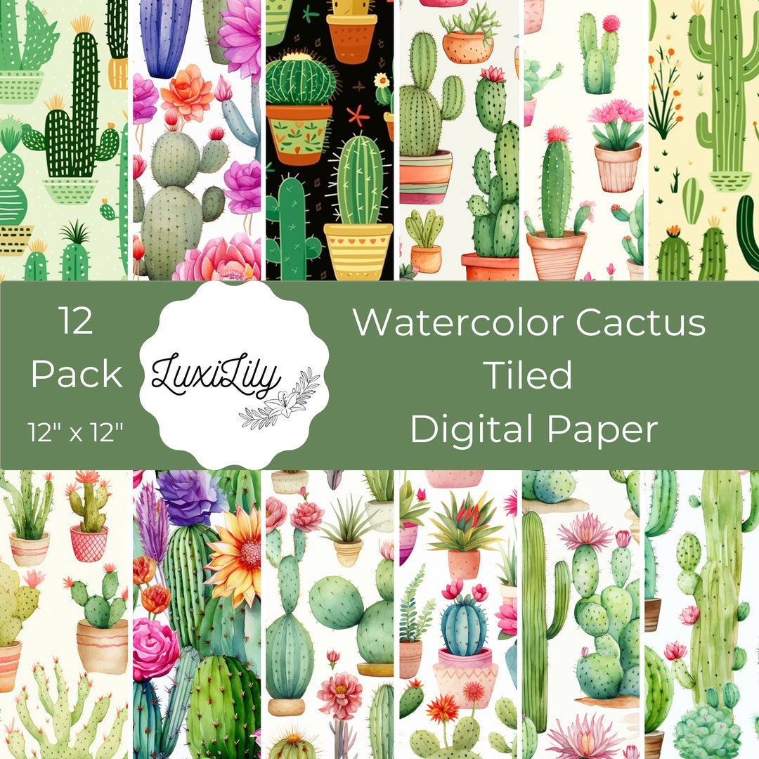 Watercolor Cactus Digital Paper Pack: Seamless Scrapbook Patterns ...
