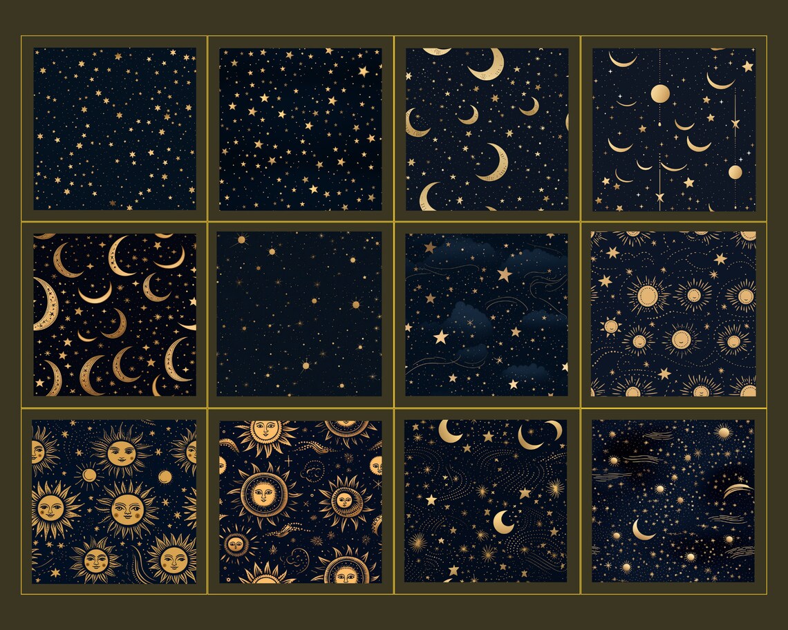 Celestial Starry Night Digital Paper Pack, Seamless Navy Textures and ...
