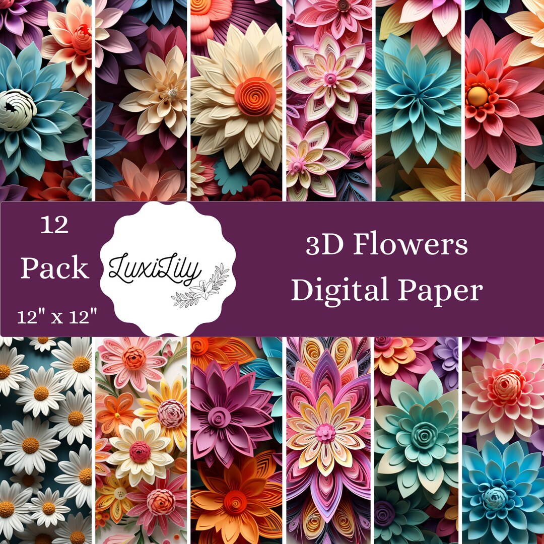 3D Flowers Digital Paper Pack, 3D Floral Pattern, Paper Quilling ...