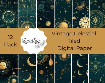 68 Vintage Celestial Digital Paper, Watercolor Textures Printable ...