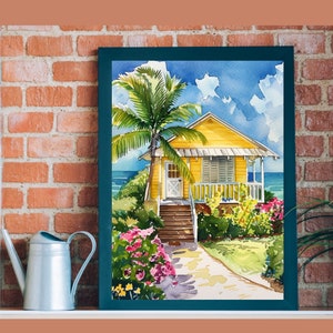 Key West Cottage Watercolor Print: Yellow Beach Seascape (digital ...