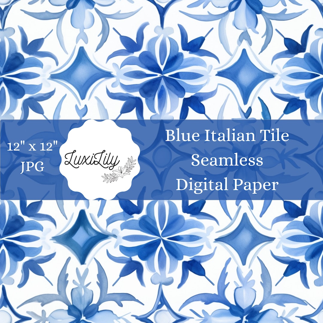 Blue Italian Tile Digital Paper Watercolor Mediterranean Seamless Tiles ...