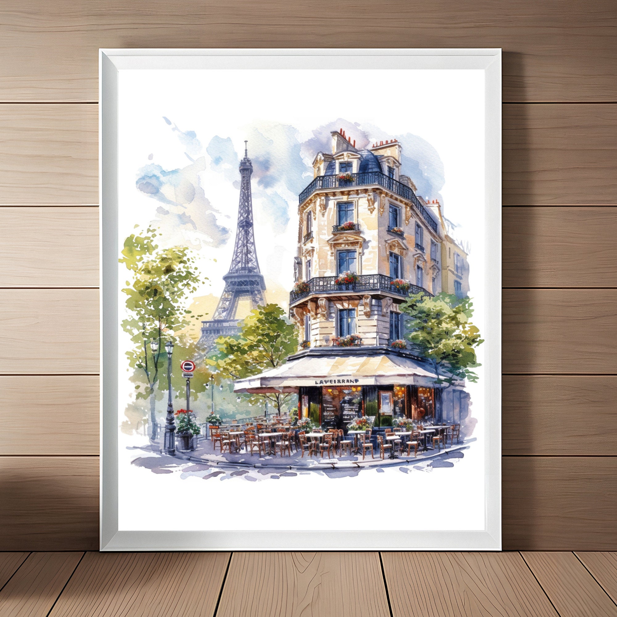 Paris Painting Parisian Cafe Watercolor Art Print Eiffel Tower Scene ...