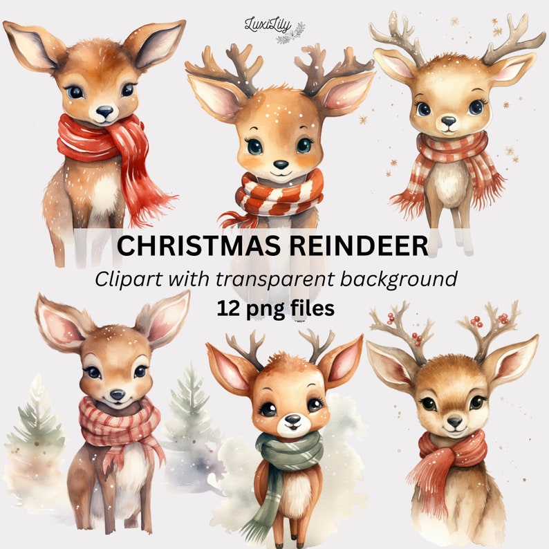 Cute Christmas Reindeer Clipart Bundle Watercolor Christmas - Etsy