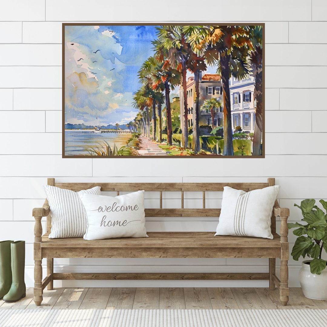 The Battery Colonial Charleston Painting, Palm Trees Seascape Art Print ...
