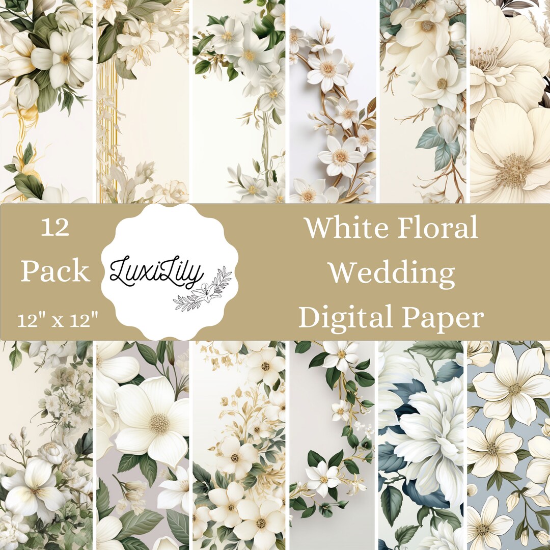 White Floral Wedding Digital Paper Pack Spring Wedding Scrapbook Paper ...