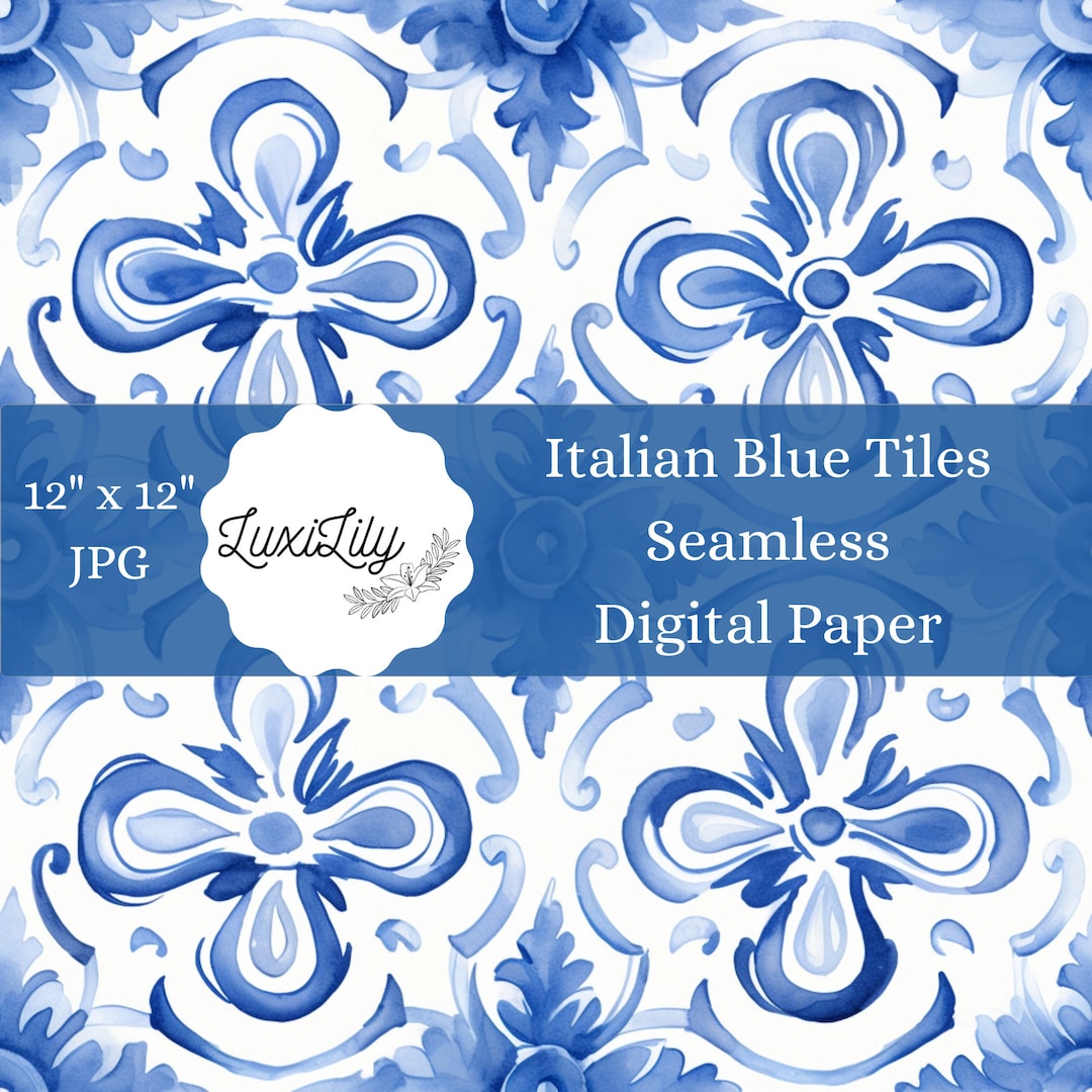 Blue Italian Tile Digital Paper: Watercolor Mediterranean Pattern ...