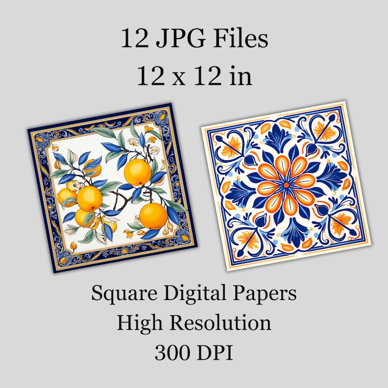 Italian Tile Digital Paper, Lemons & Mediterranean Tiles Scrapbooking ...