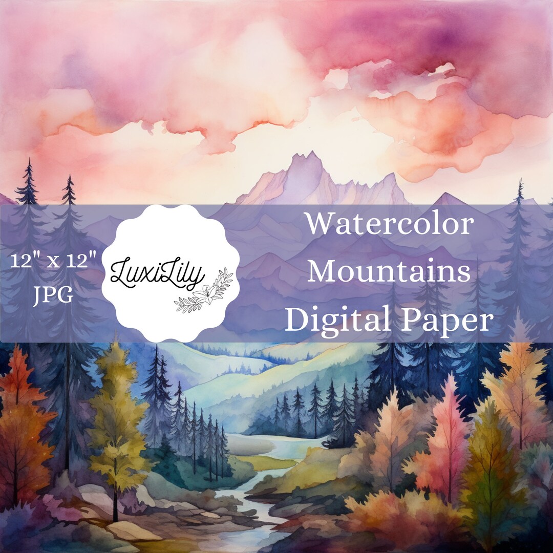 Watercolor Mountain Digital Paper: Abstract Landscape Background ...