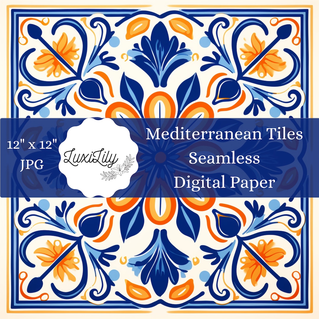 Mediterranean Tile Digital Paper: Blue Orange Seamless Pattern (digital ...