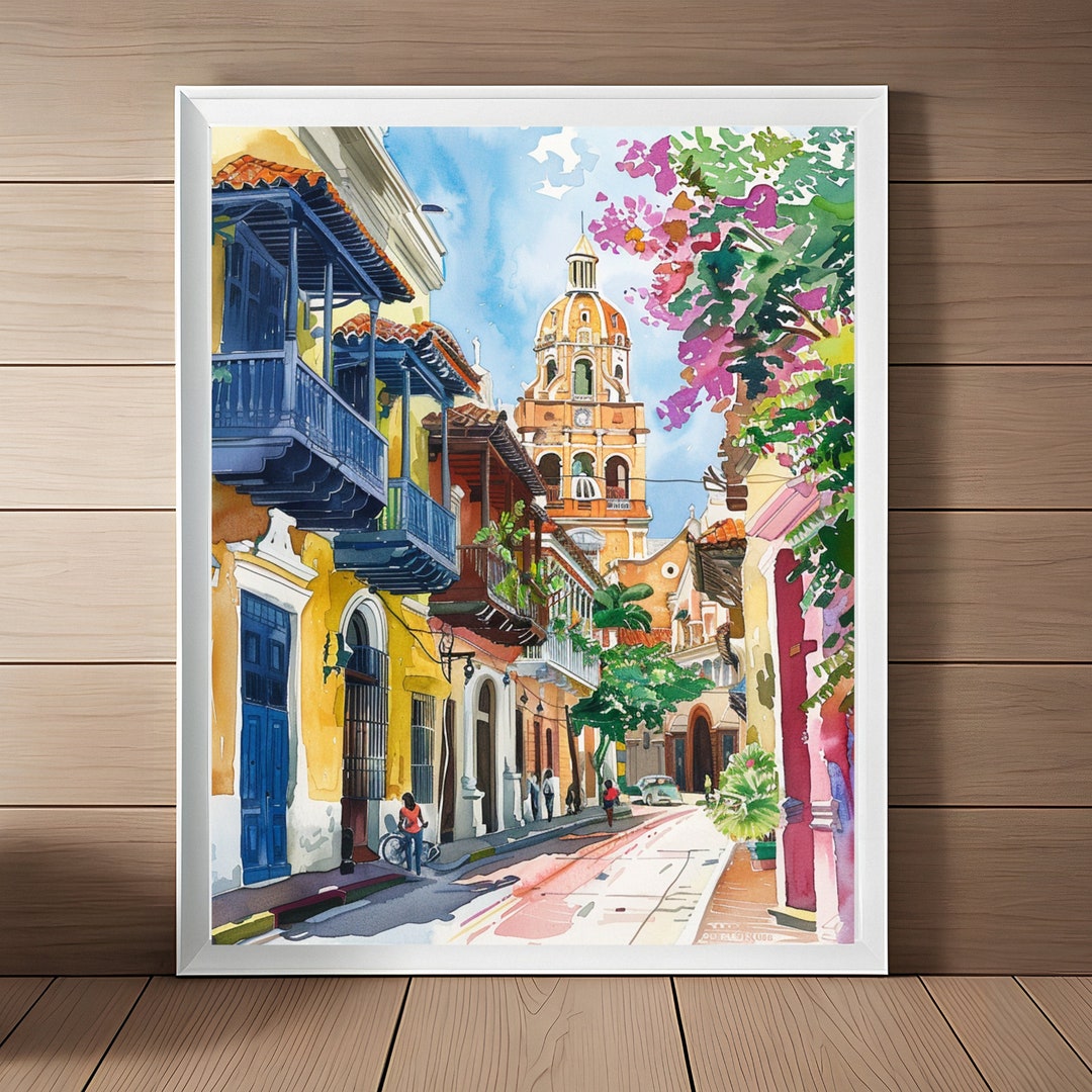Cartagena Streetscape Painting Colombia Wall Art, Vintage Watercolor ...