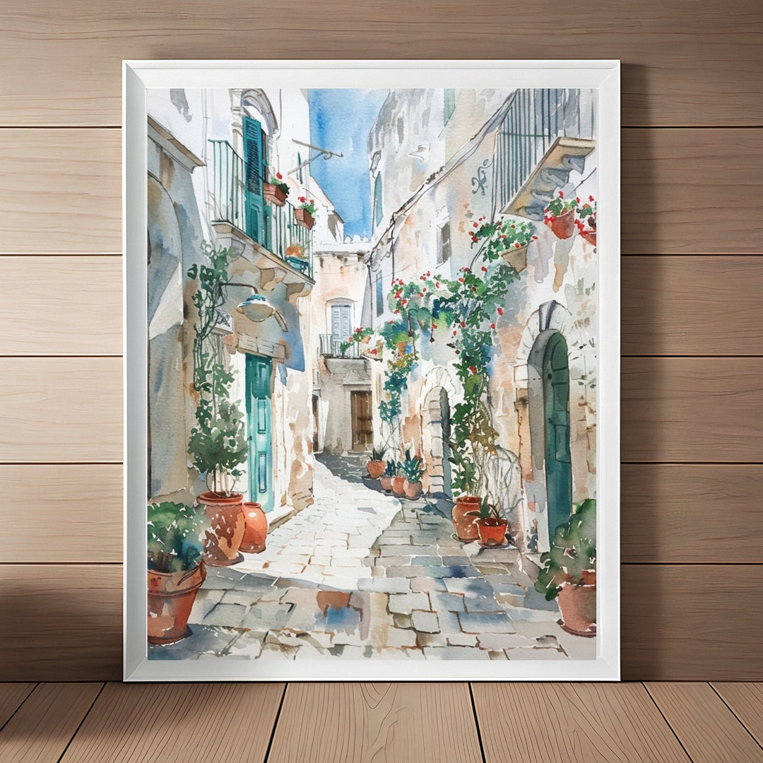 Puglia Italy Art Print: Southern Italy Streetscape Watercolor (digital ...