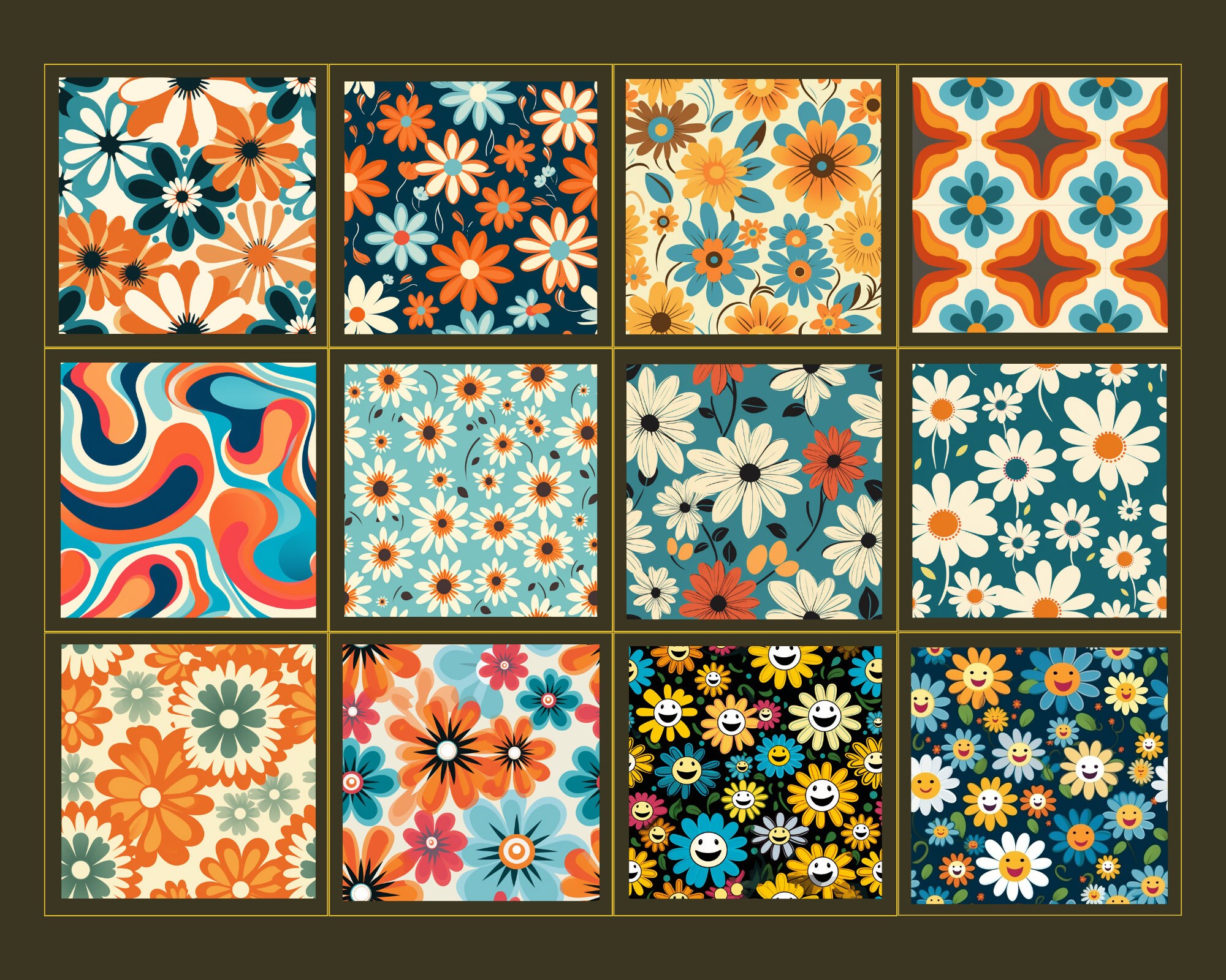 Retro Groovy Digital Paper: 70s Floral Patterns (digital Download) - Etsy