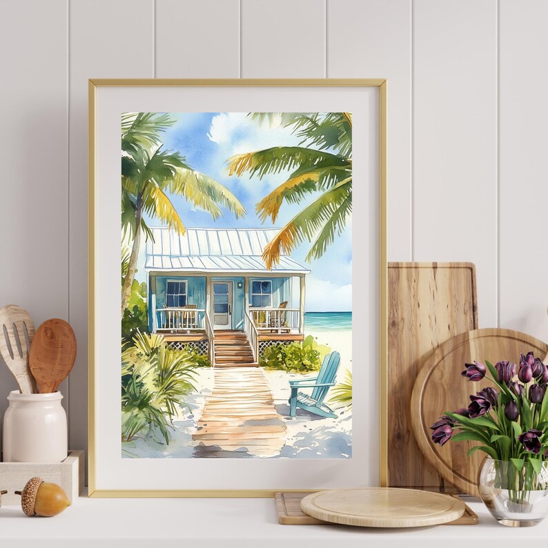 Key Largo Art Print: Florida Keys Beach Cottage Watercolor (digital ...
