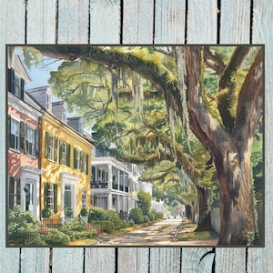 Colonial Charleston Homes Watercolor Art, Oak Trees With Spanish Moss ...