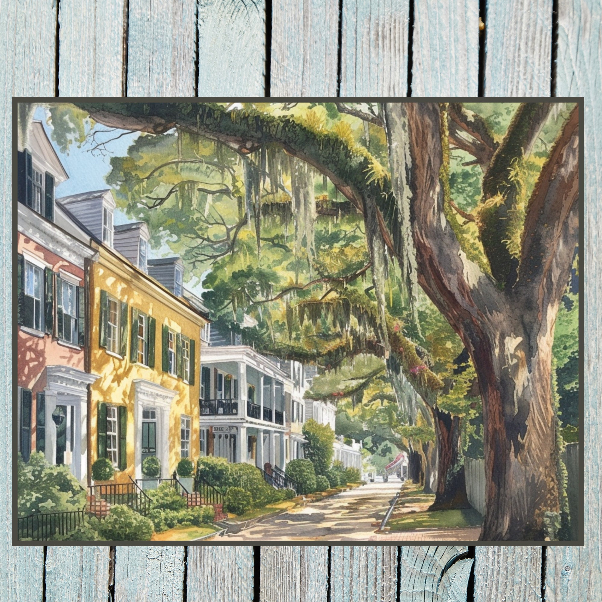 Colonial Charleston Homes Watercolor Art, Oak Trees With Spanish Moss ...