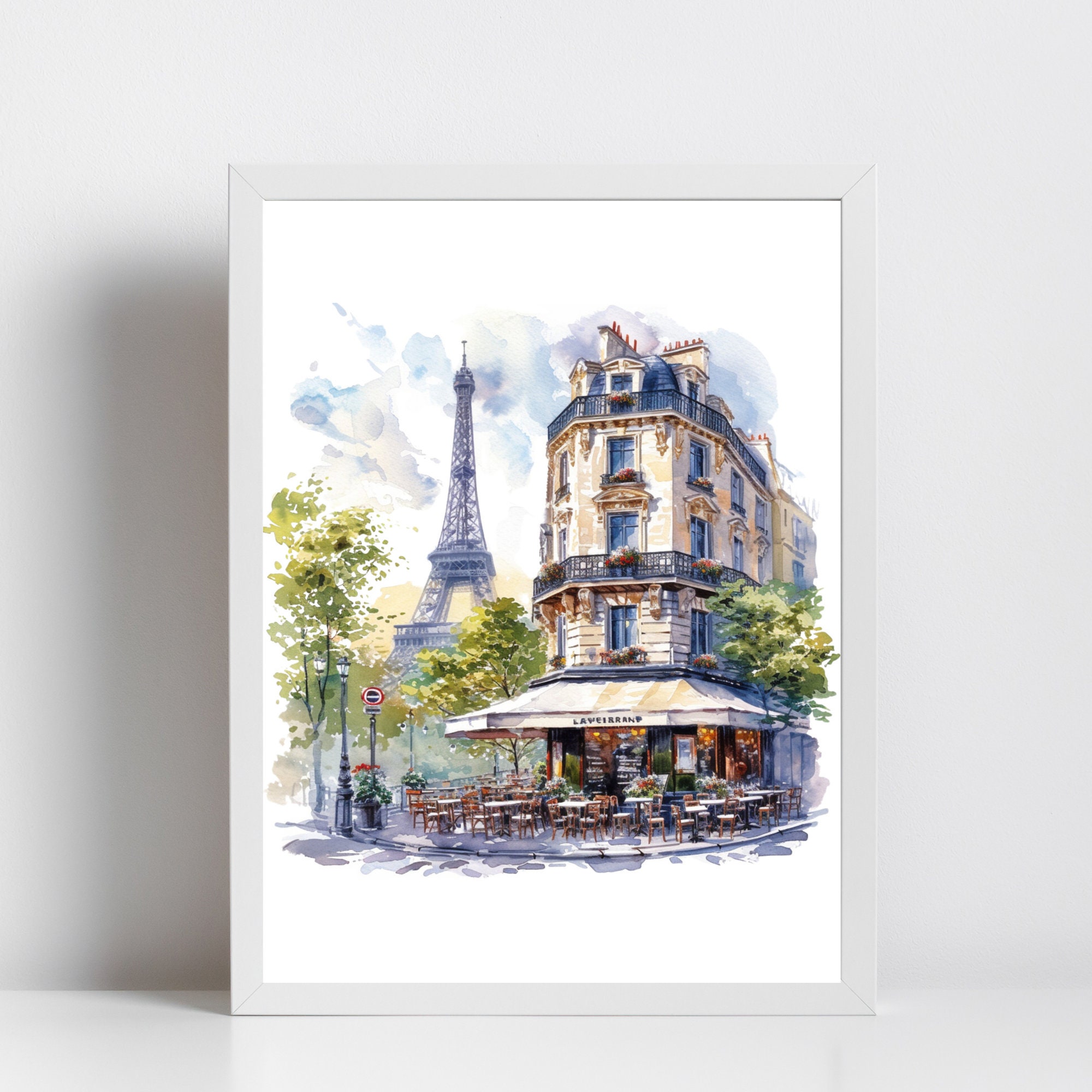 Paris Painting Parisian Cafe Watercolor Art Print Eiffel Tower Scene ...