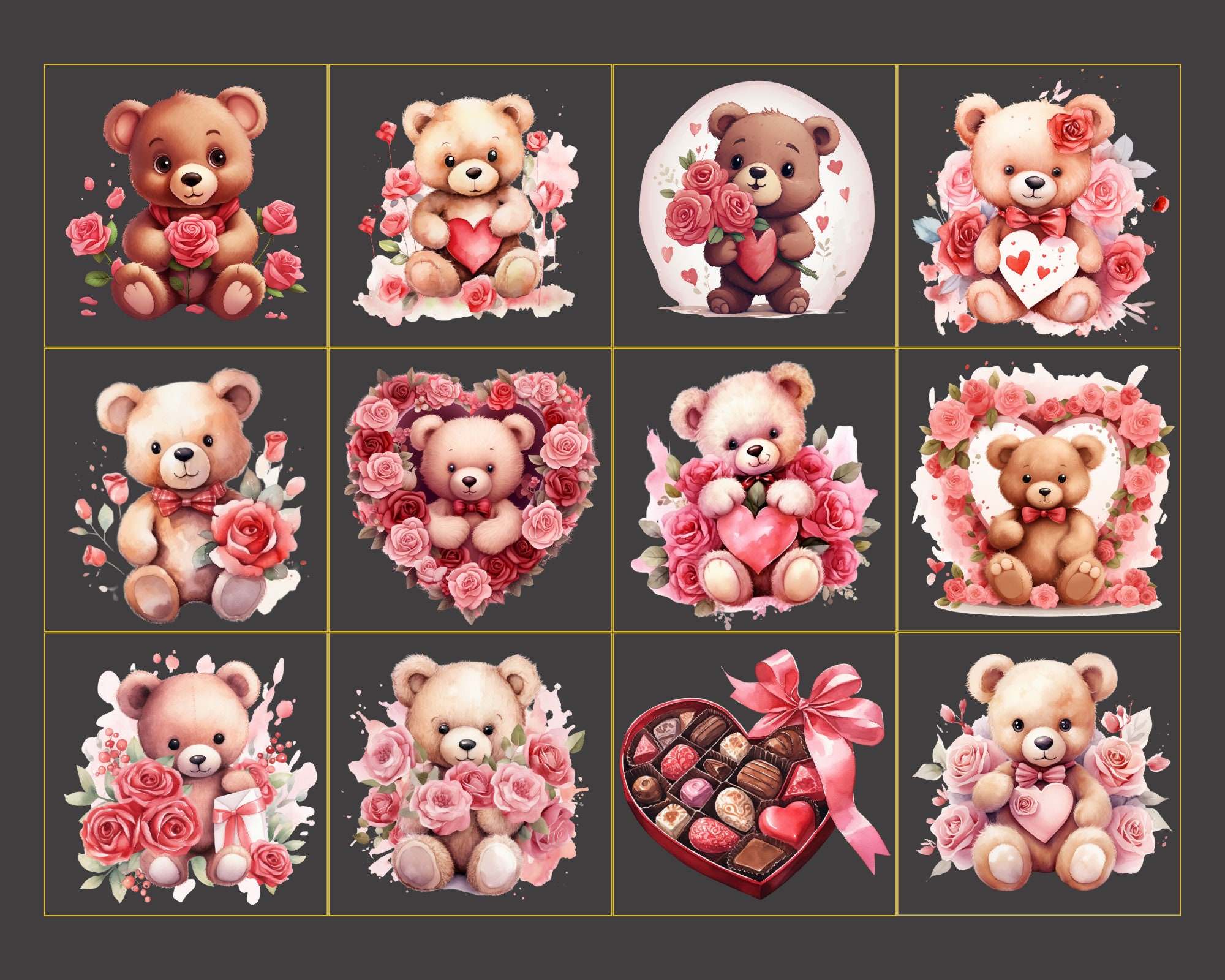 Valentine Roses Bear Clipart Cute Teddy Bear Watercolor Clipart PNG ...
