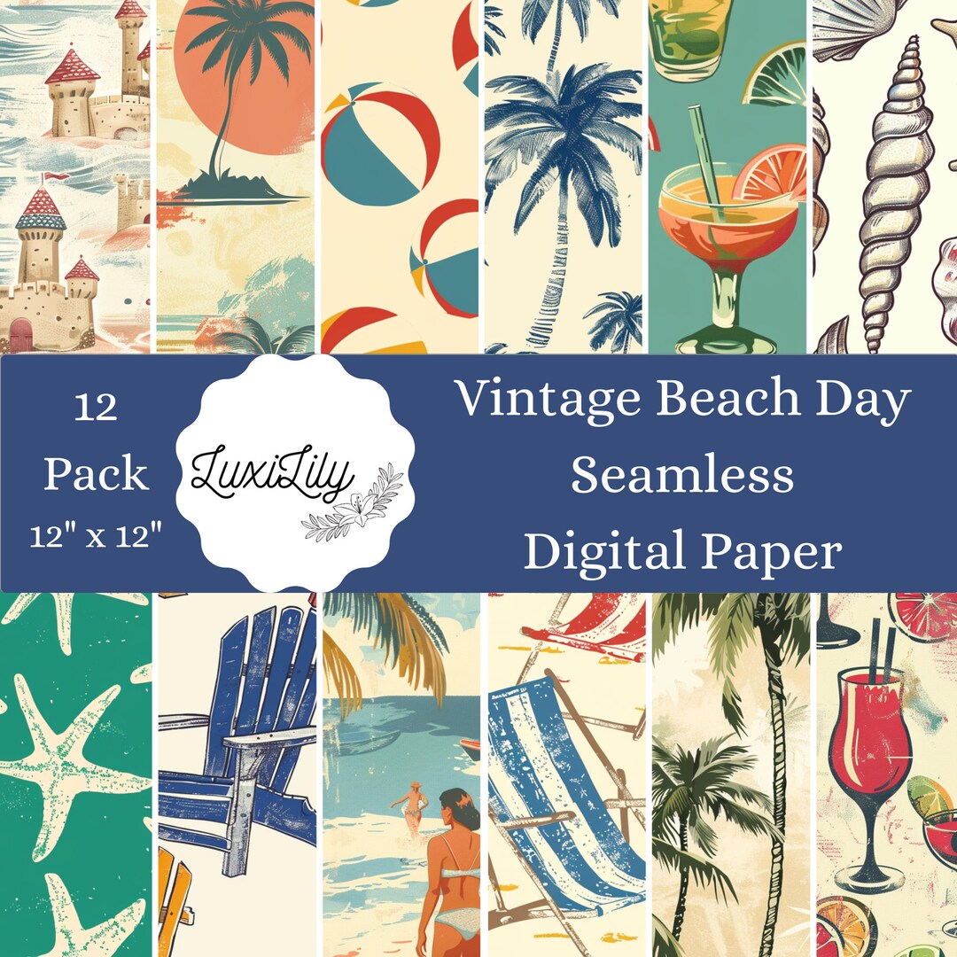 Vintage Beach Digital Paper Pack, Retro Beach Day Wallpaper, Tropical ...