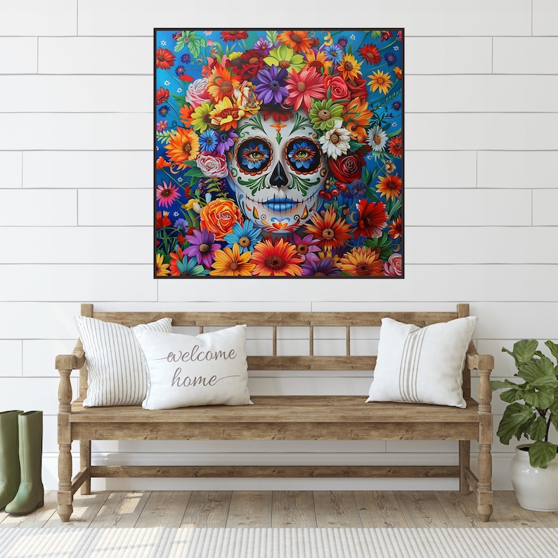 Mexican Catrina Art, Mexico Folk Art, Colorful Floral Wall Art Print ...