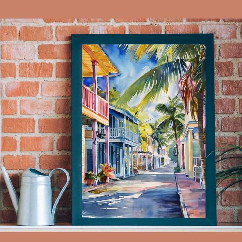 Key West Watercolor Art Print: Florida Keys Streetscape (digital ...