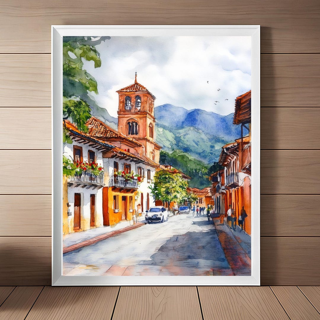 Bogota Colombia Watercolor Art Print: La Candelaria Streetscape ...