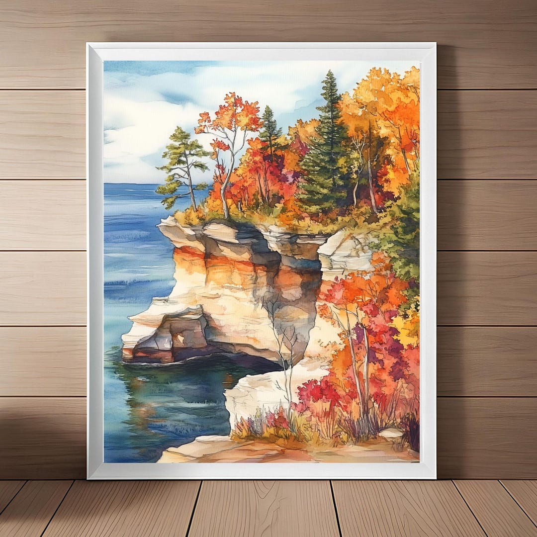 Pictured Rocks Print: Michigan Fall Landscape Watercolor (digital ...
