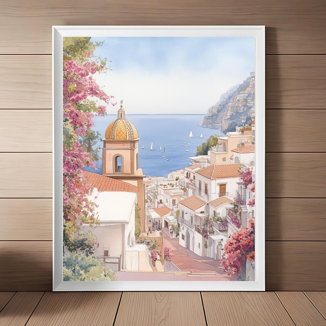 Positano Art, Coastal Italy Watercolor Painting, Italian Streetscape ...
