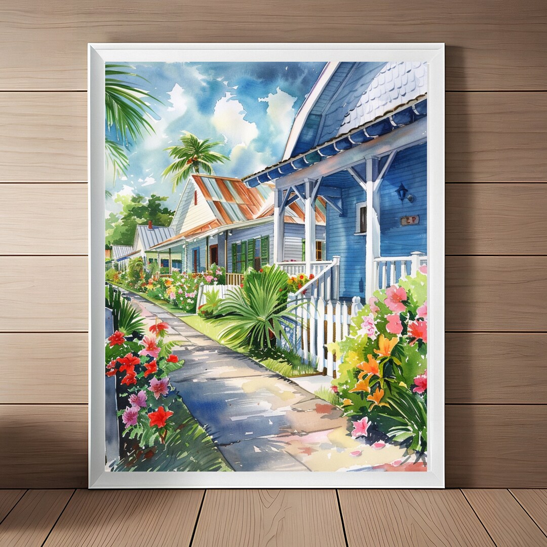 Key West Watercolor Painting: Florida Keys Streetscape Art (digital ...