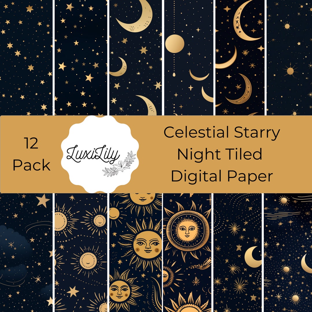 Celestial Starry Night Digital Paper Pack, Seamless Navy Textures and ...