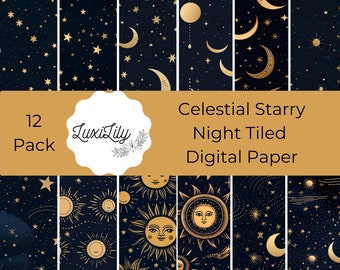 Celestial Starry Night Digital Paper, Seamless Zodiac Navy Watercolor ...