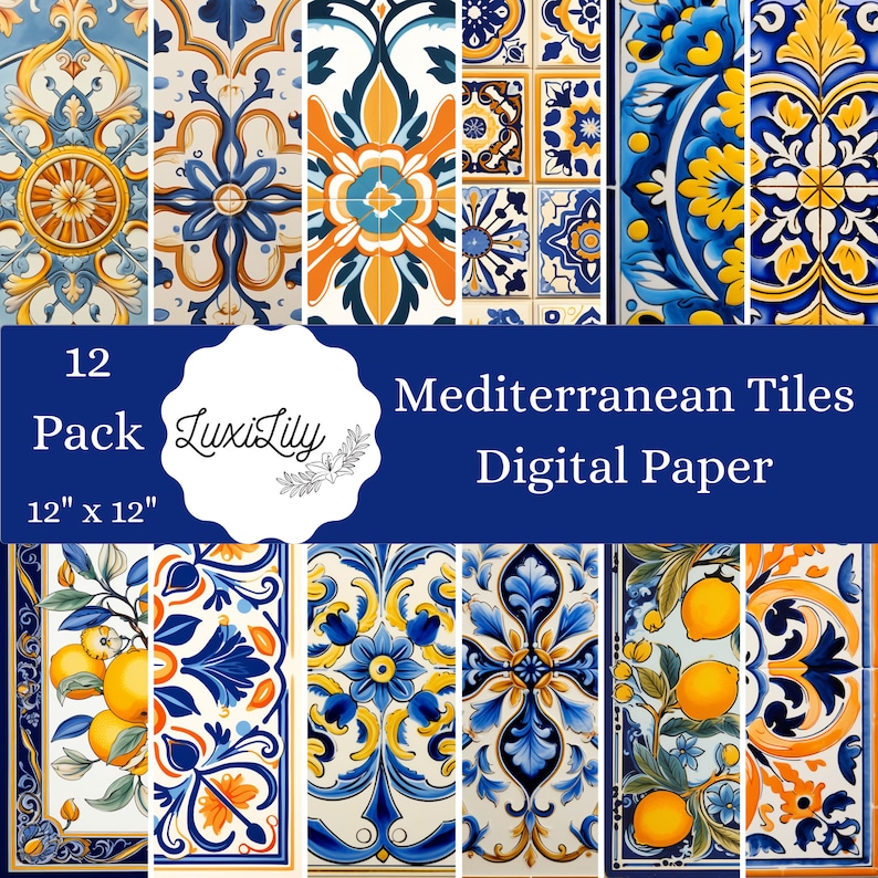 Italian Tile Digital Paper, Lemons & Mediterranean Tiles Scrapbooking ...