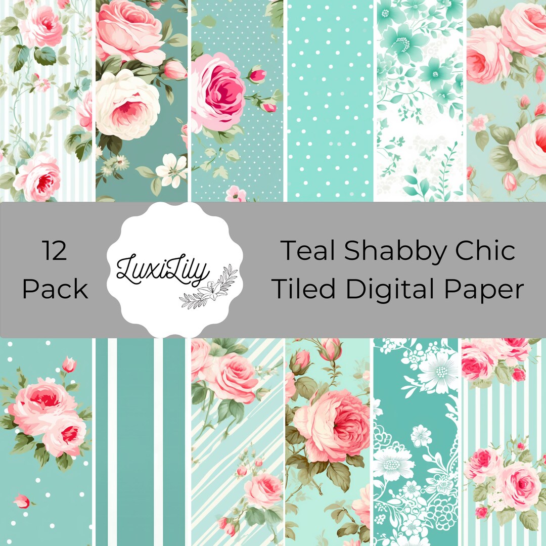 Teal Shabby Chic Floral Digital Paper: Vintage Roses (digital Download ...