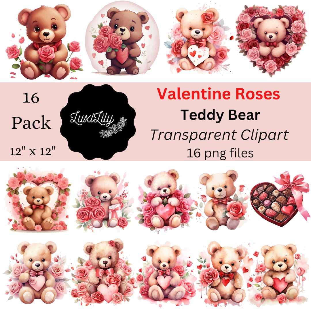 Valentine Roses Bear Clipart Cute Teddy Bear Watercolor Clipart PNG ...