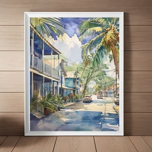 Vintage Key West Watercolor Art Print: Florida Coastal Beach Scene ...