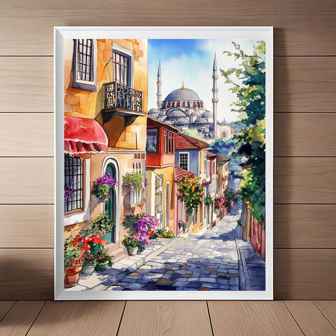 Istanbul Painting, Turkish Wall Art, Turkey Streetscape Watercolor ...