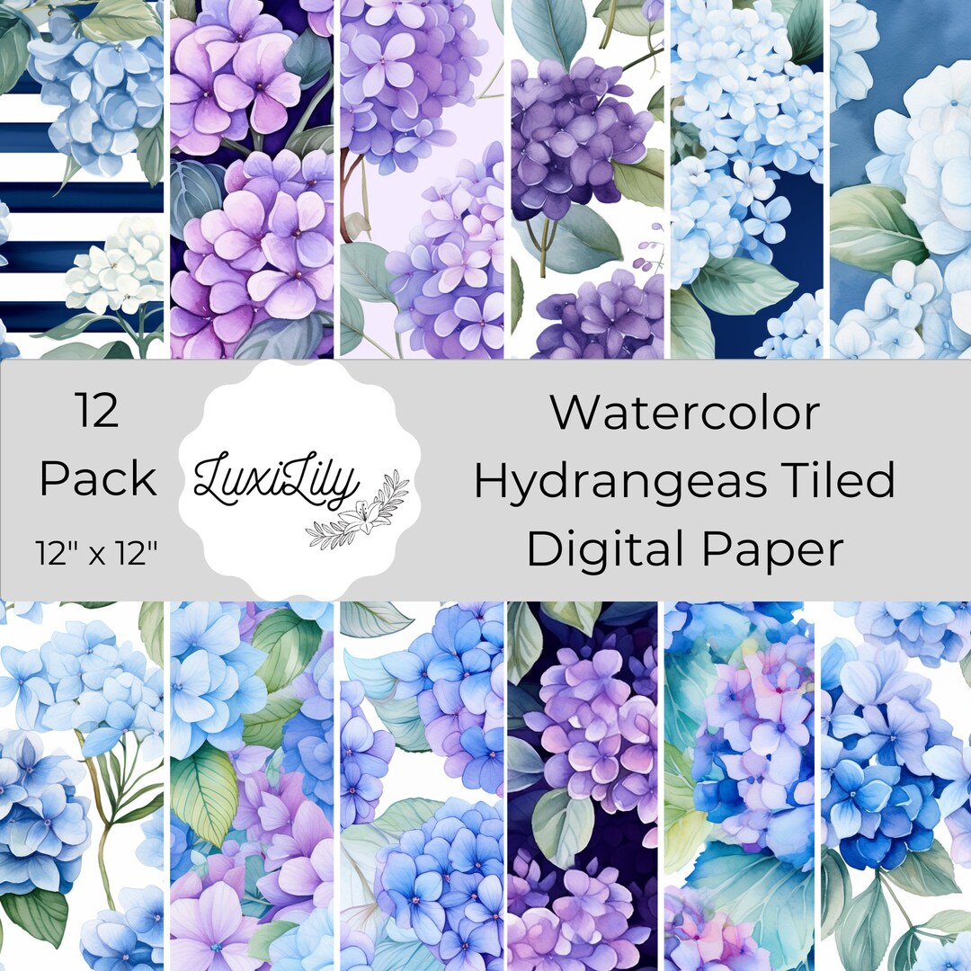 Seamless Watercolor Hydrangea Digital Papers, Floral Digital Paper Pack ...