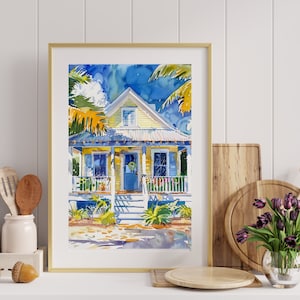 Key West Cottage Painting, Florida Keys Watercolor Art Print, Coastal ...
