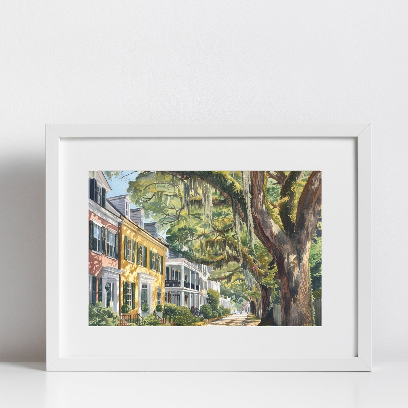 Colonial Charleston Homes Watercolor Art, Oak Trees With Spanish Moss ...