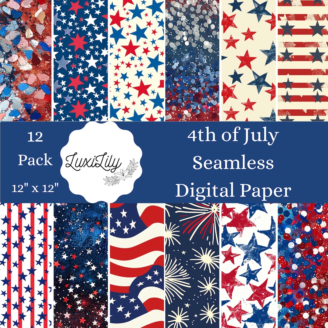 4th of July Digital Paper Pack, Stars & Stripes Background, Seamless ...