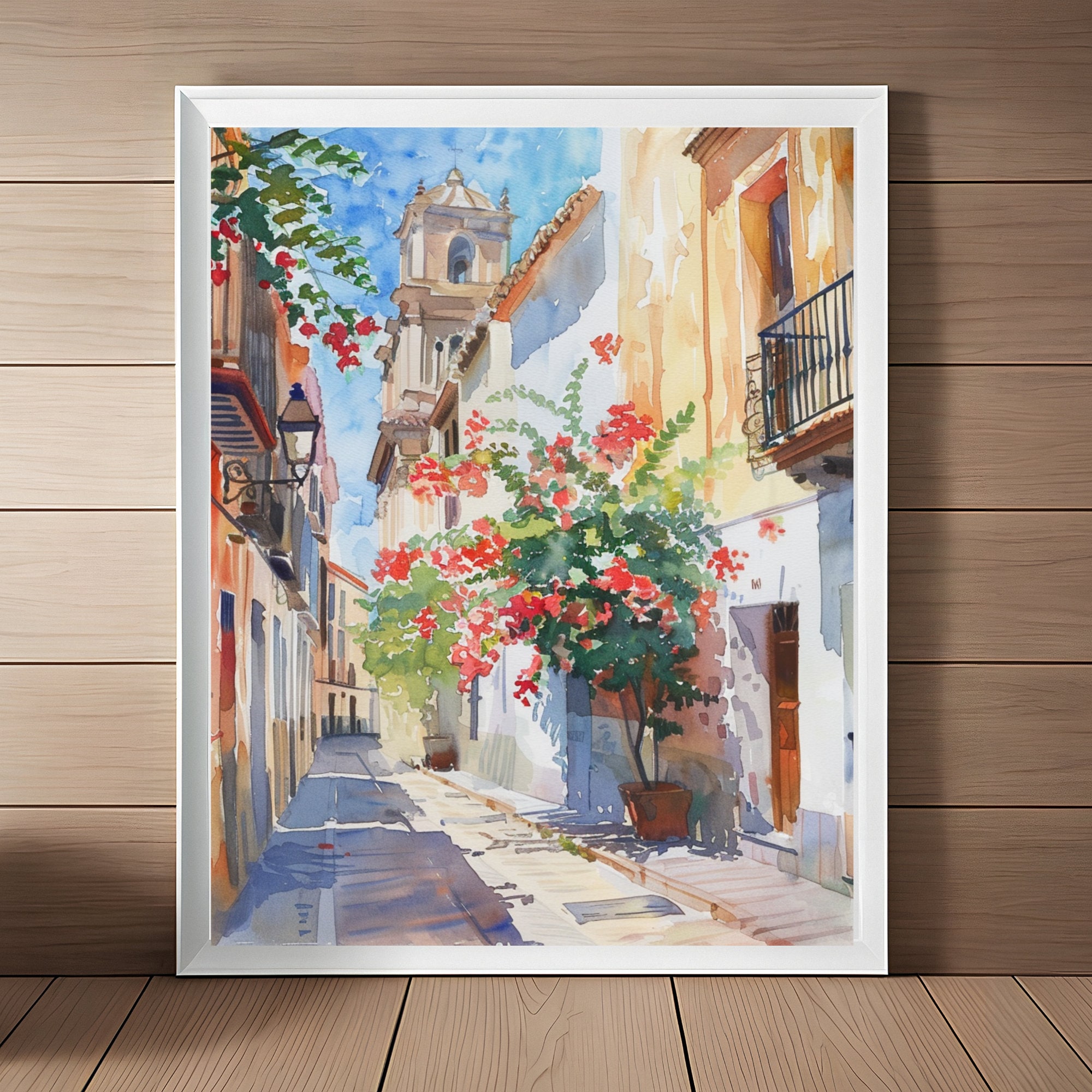 Malaga Spain Painting, Streetscape Art, Colonial Andalusia Artwork ...