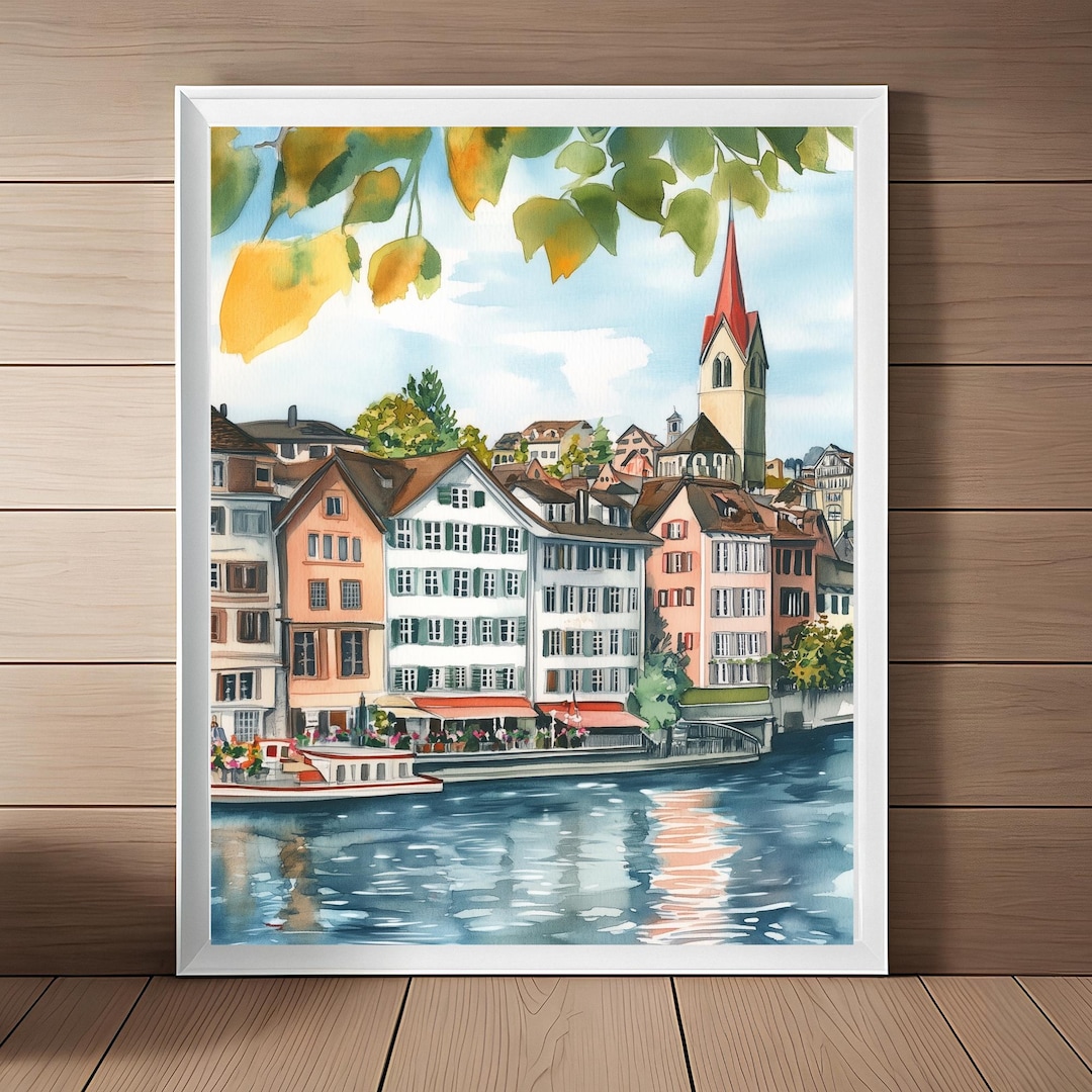 Zurich Art, Switzerland Watercolor Painting, Cityscape Wall Art, Lake ...
