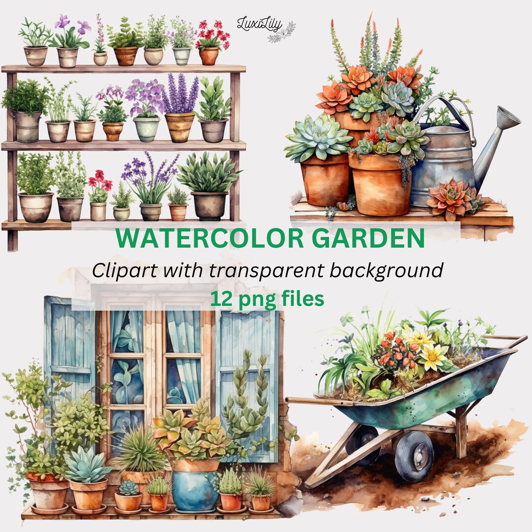 Watercolor Garden Clipart Bundle, Spring PNG, Gardening, Potted Plants ...