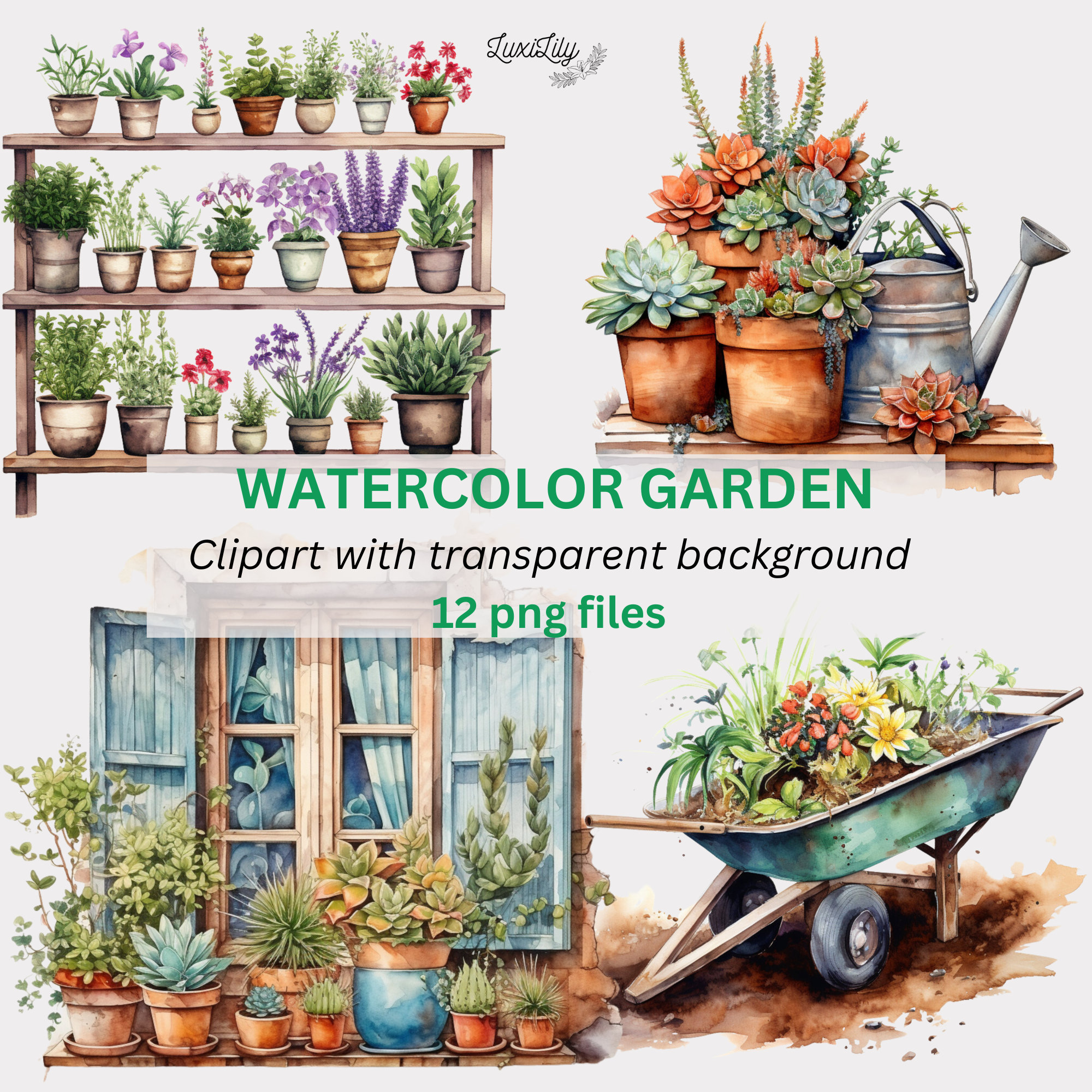 Watercolor Garden Clipart Bundle, Spring PNG, Gardening, Potted Plants ...