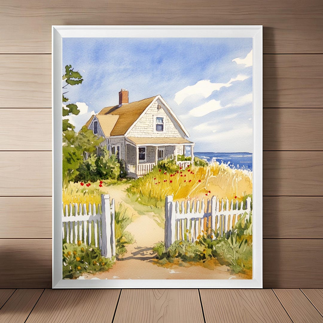 Cape Cod Cottage Art Print, Seascape Watercolor Painting, Coastal Wall ...
