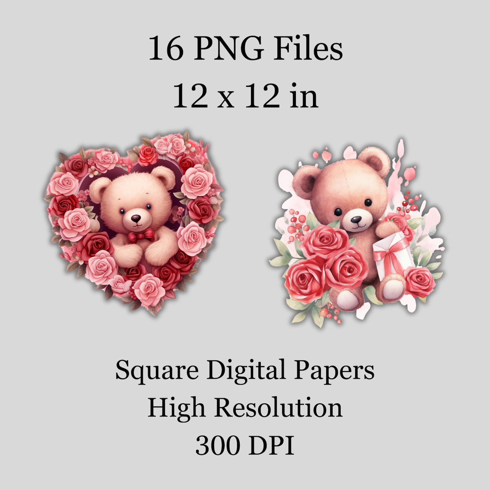 Valentine Roses Bear Clipart Cute Teddy Bear Watercolor Clipart PNG ...
