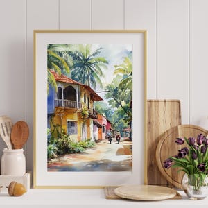 Goa Art, India Watercolor Painting, Landscape Art, Streetscape Print ...