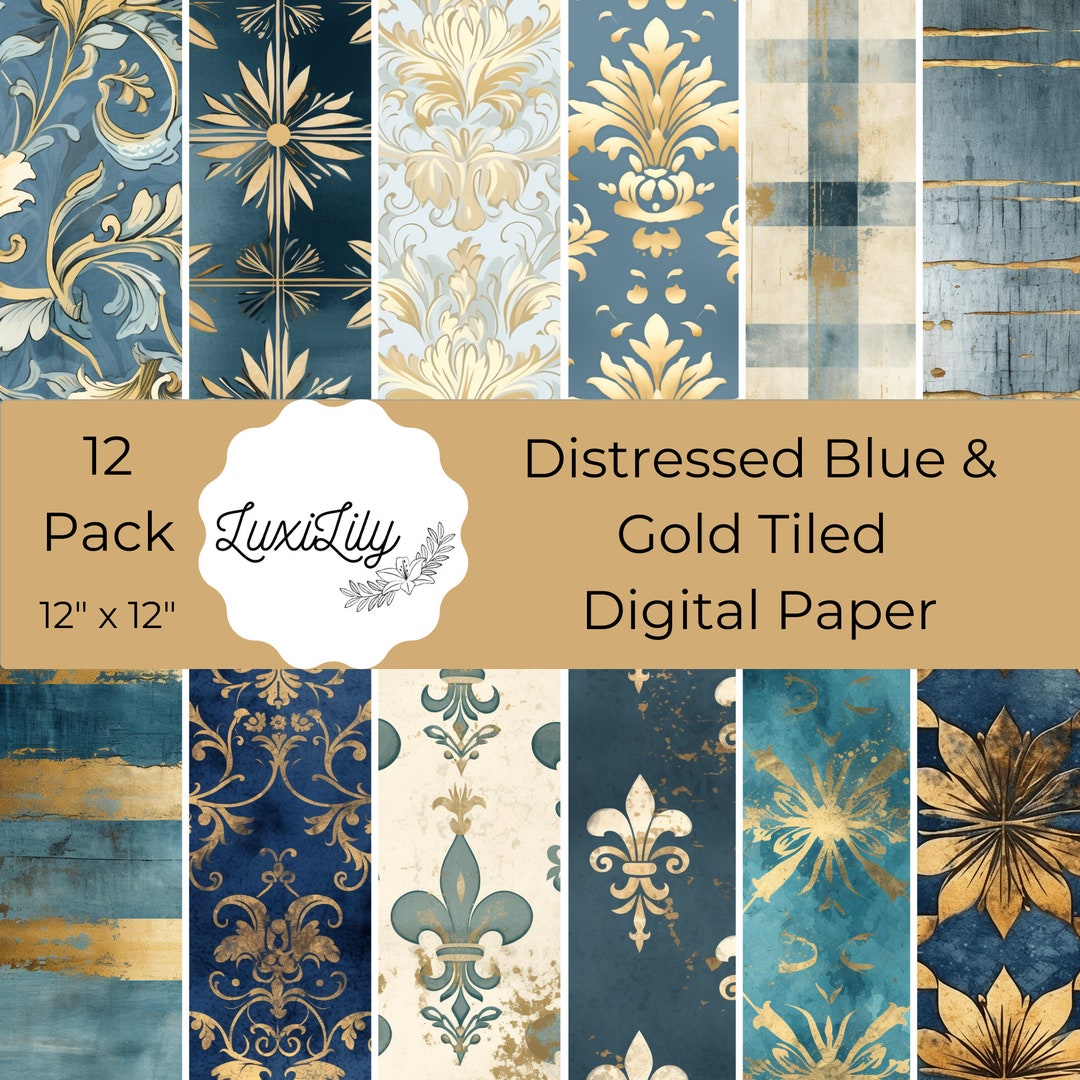 Blue & Gold Damask Digital Paper: Vintage Textures (digital Download ...